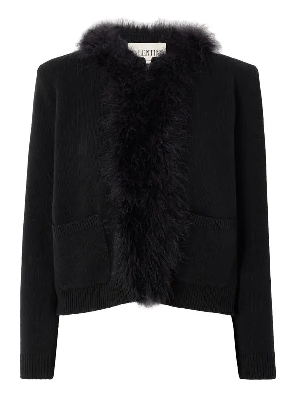 Valentino Garavani Feather-trimmed Wool Cardigan - Black
