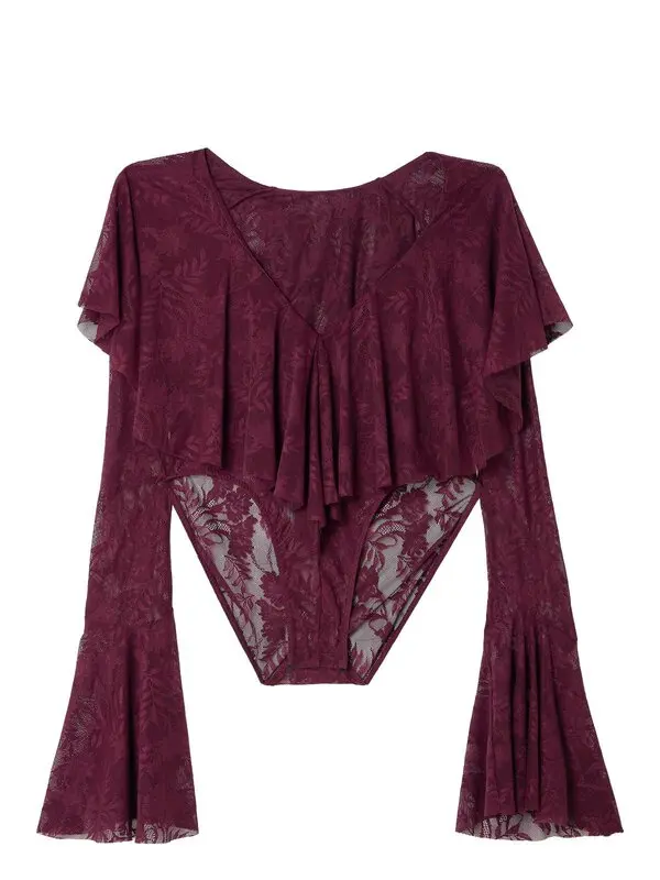 Norma Kamali Ruffled Stretch-lace Bodysuit - Purple