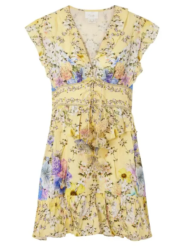 Camilla Appliquéd Embellished Floral-print Linen-voile Mini Dress - Yellow