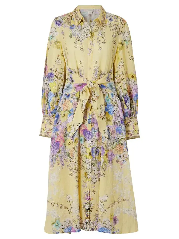 Camilla Floral-print Silk And Linen-blend Midi Shirt Dress - Yellow