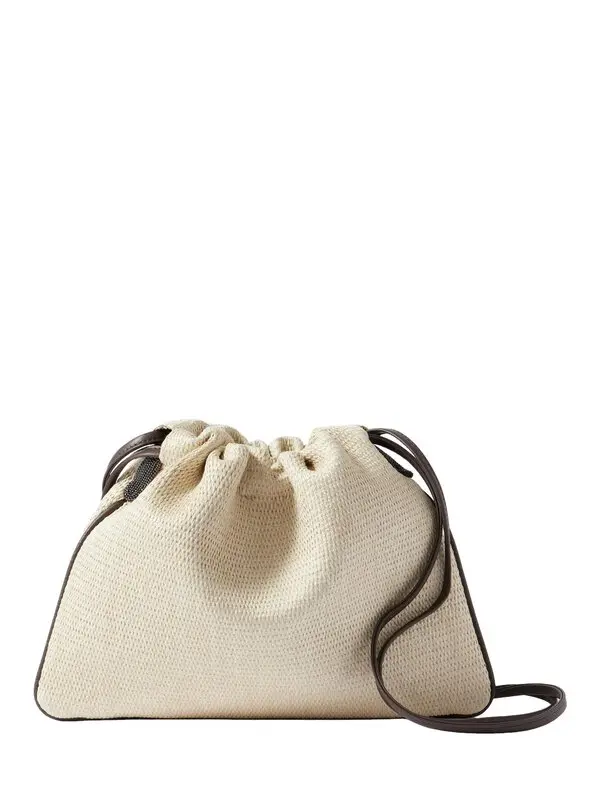 Brunello Cucinelli Embellished Leather-trimmed Raffia Shoulder Bag - Cream