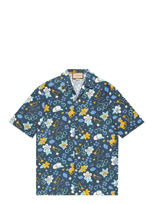 Gucci Retro Flower And Pony Print Bowling Shirt - Blue