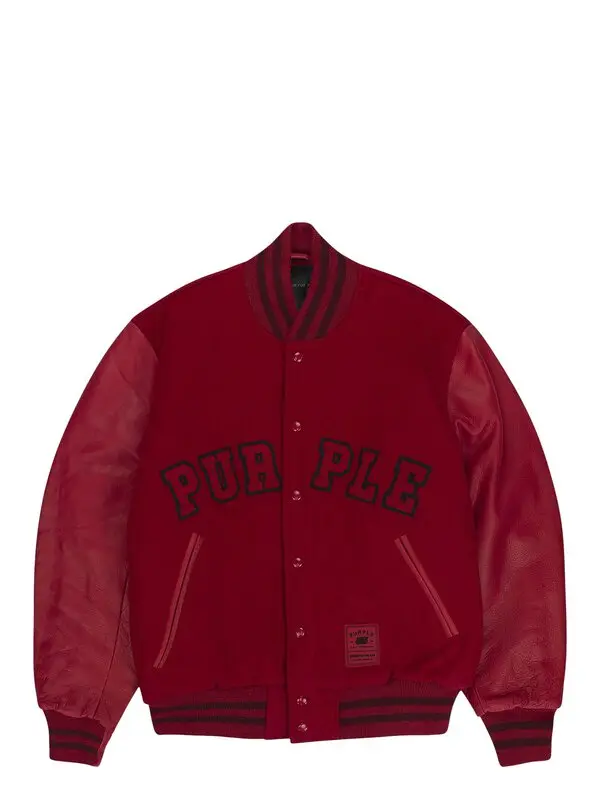 PURPLE BRAND Varsity Logo Melton Bomber Jacket - Red