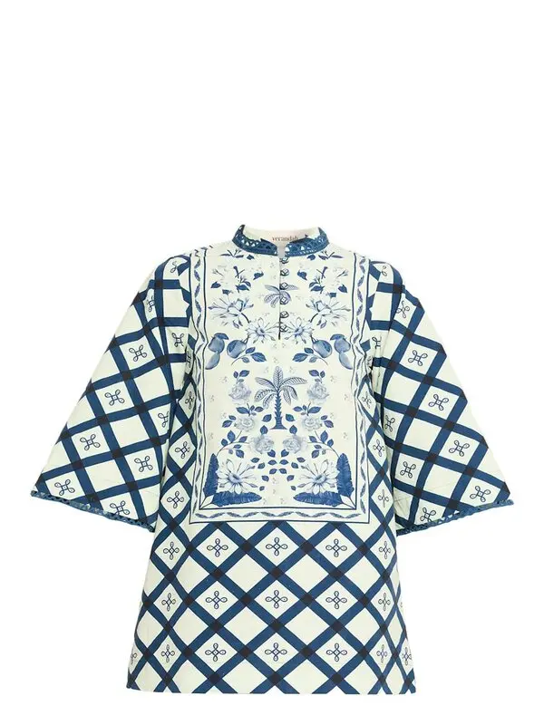 Verandah Palm Azulejos Mini Kaftan Dress - Ivory And