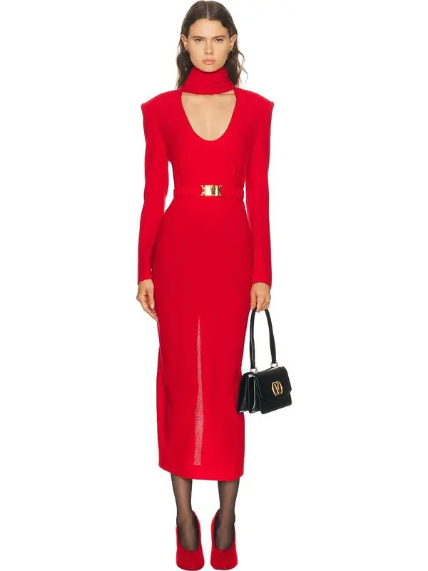 ROWEN ROSE Long Sleeve Plunging Draped Collar Dress - Red