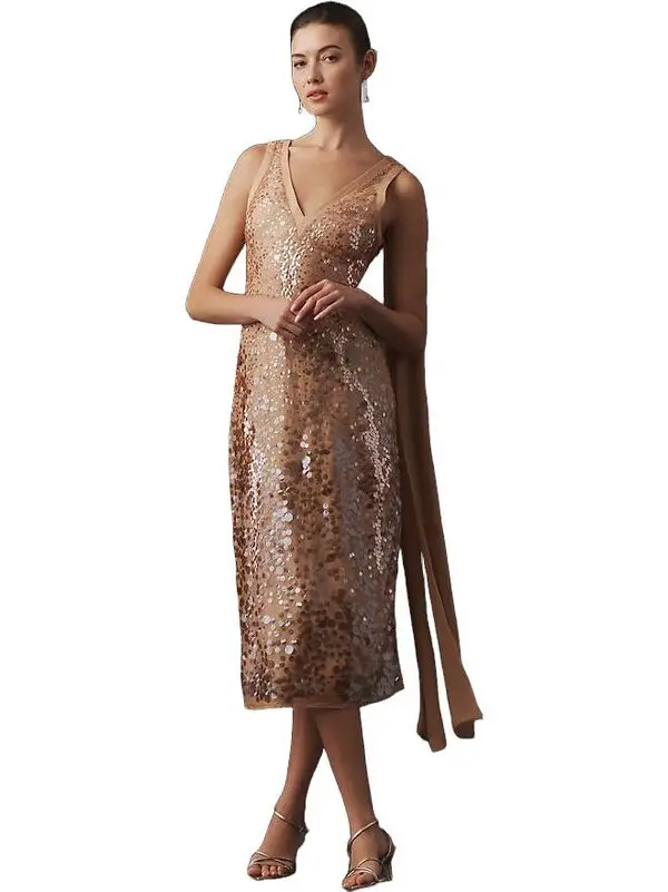 Bhldn Bella Sequined Plunged Midi Dress - Copper