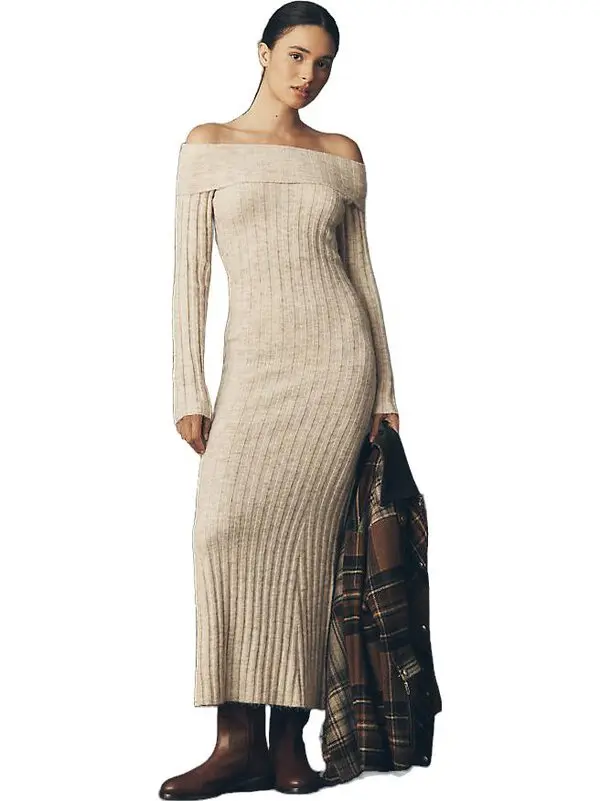 Glamorous Off-shoulder Knit Midi Dress - Neutral
