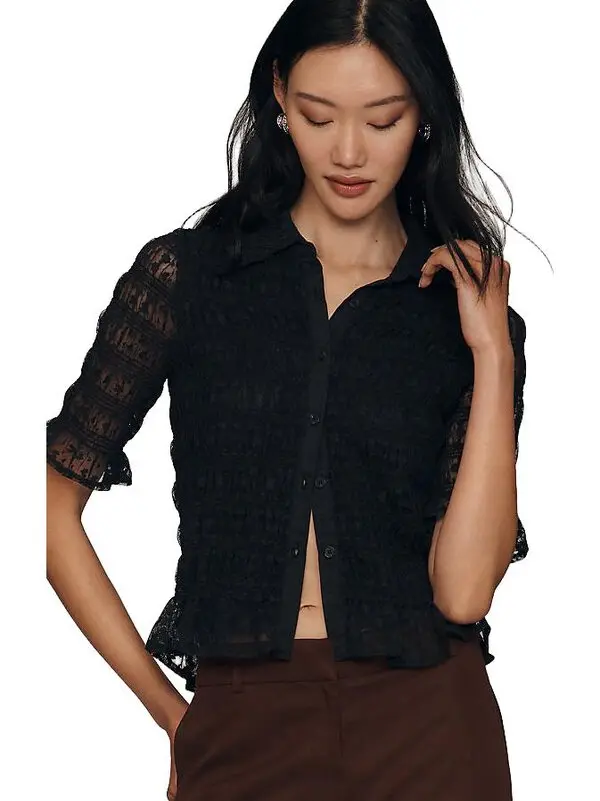 Maeve Ruched Sheer Buttondown Shirt - Black