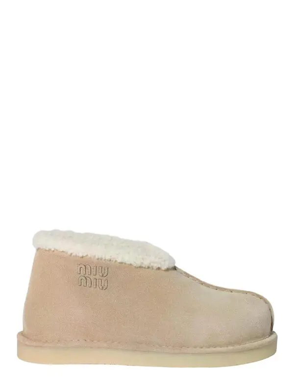 Miu Miu Embroidered-logo Shearling Boots - Neutrals