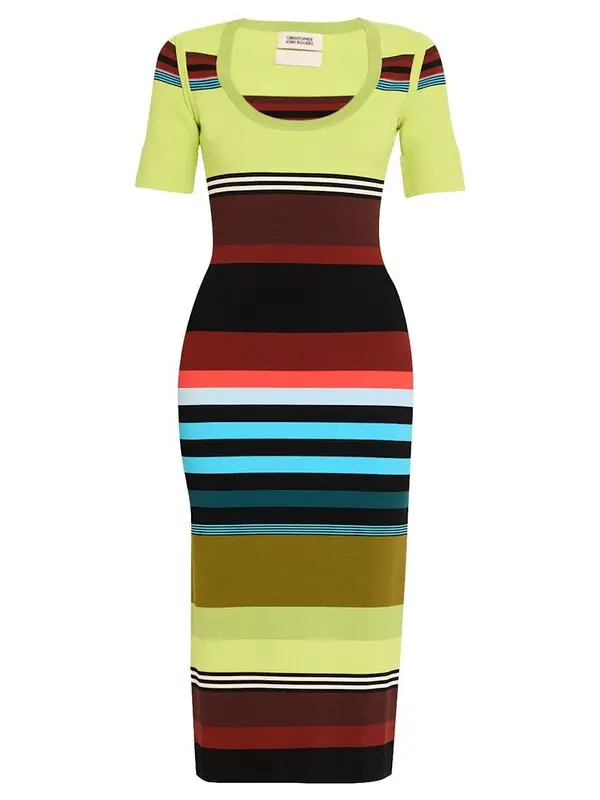 Christopher John Rogers Striped Short-sleeve Midi Dress - Wasabi Mul