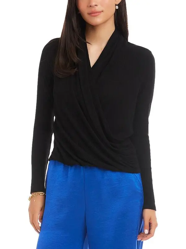 Karen Kane Long Sleeve Ribbed Crossover Top - Black