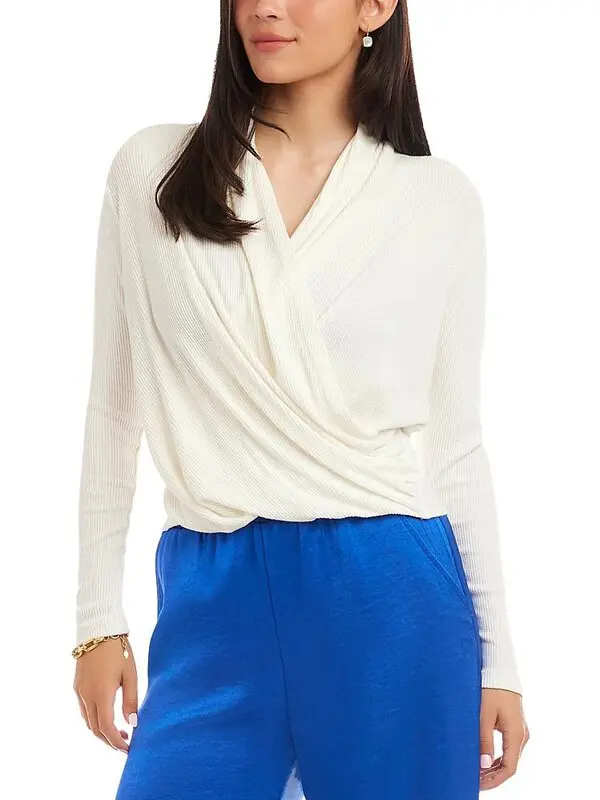 Karen Kane Long Sleeve Ribbed Crossover Top - Off White