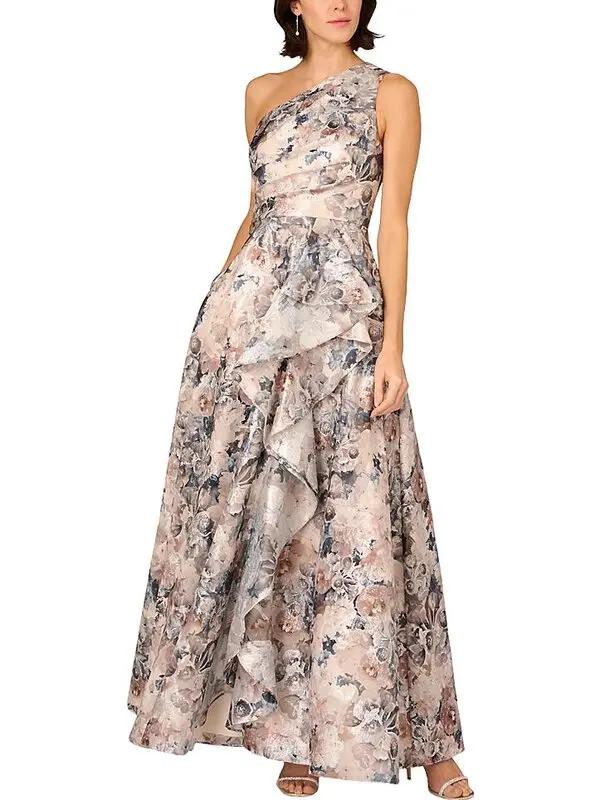 Aidan Mattox Printed Jacquard Long Gown - Blue Multi