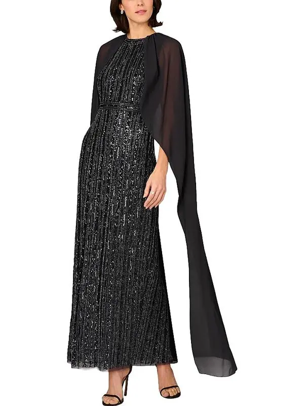 Aidan Mattox Beaded Cape Long Gown - Navy