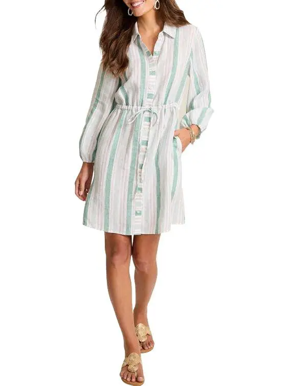 Tommy Bahama Seaside Cove Stripe Long Sleeve Linen Shirtdress - Silky Green