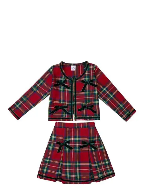 MIA BELLE GIRLS Festive Plaid Blazer And Skirt Set - Red