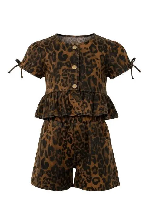 MIA BELLE GIRLS Leopard Denim Short Set - Brown