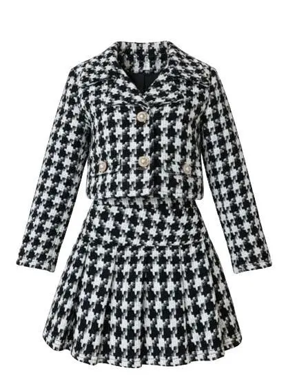 MIA BELLE GIRLS Houndstooth Blazer Jacket And Pleated Skirt Set - Black