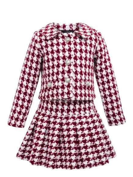 MIA BELLE GIRLS Houndstooth Blazer Jacket And Pleated Skirt Set - Burgundy