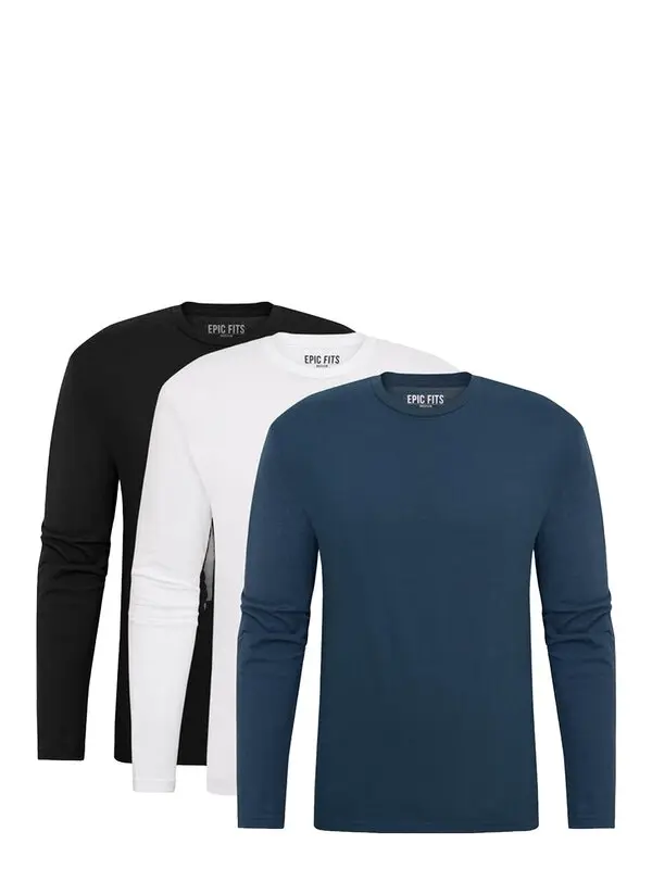 EPIC FITS Standard Long Sleeve Crew Neck T-shirt 3-pack - Black/ White/ Slate Blue