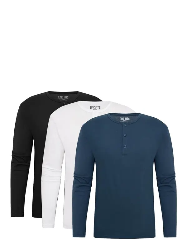 EPIC FITS Long Sleeve Henley 3 Pack - Black/ White/ Slate Blue