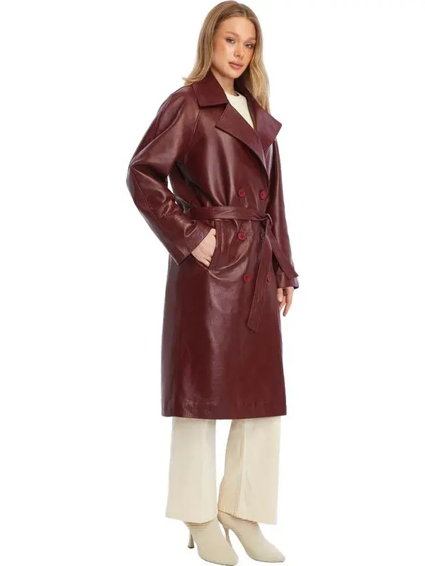 FURNIQ UK Leather Trench Coat - Burgundy