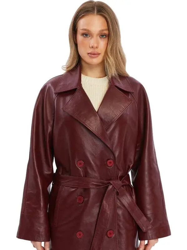 FURNIQ UK Leather Trench Coat - Burgundy