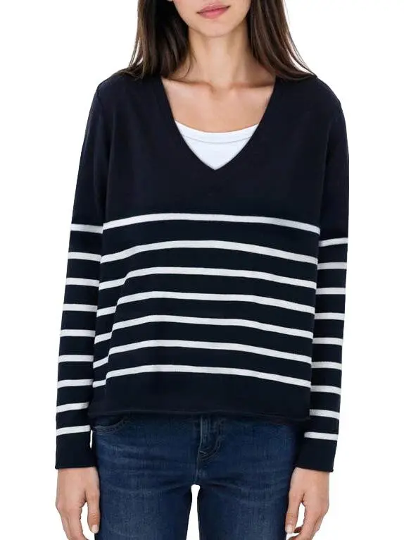 Mango Striped V-neck Cotton-blend Sweater - Navy