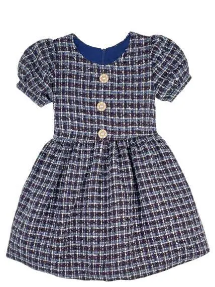 MIA BELLE GIRLS Plaid Tweed Puff Sleeve Dress - Blue