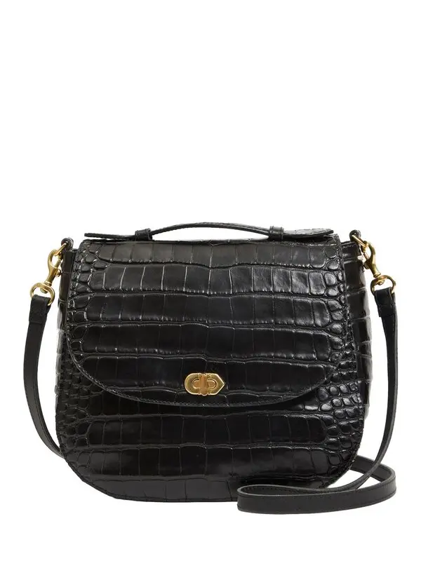 Clare V. Louis Croc Embossed Leather Crossbody Bag - Black