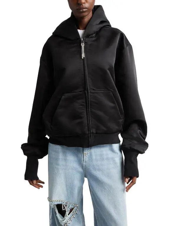 AREA Crystal Knot Satin Full Zip Hoodie - Black