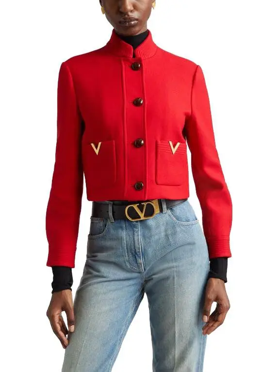 Valentino Garavani V-detail Wool & Silk Double Drill Jacket - Deep Red