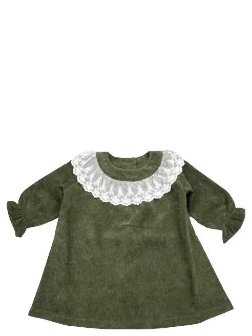CUCLIE Lace Collar Corduroy Dress - Green