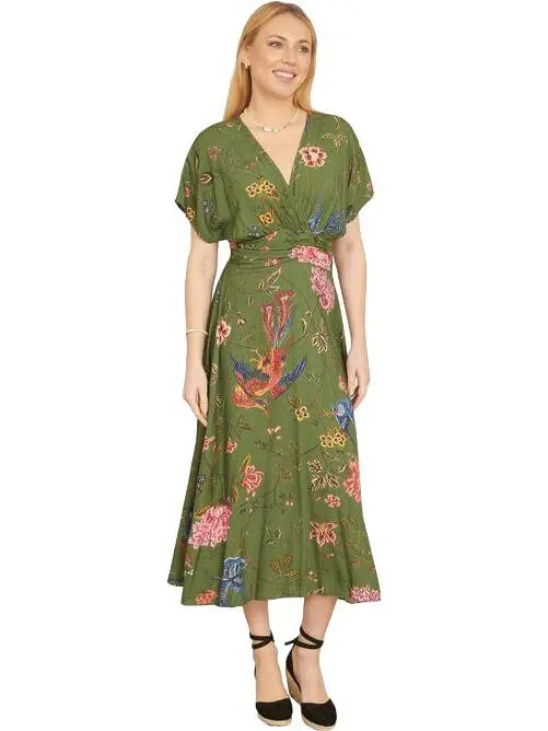 YUMI Printed Ruched Waist Kimono Sleeve Midi Dress - Green