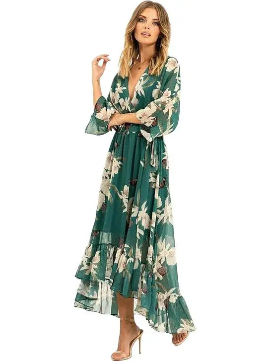 YUMI Dip Hem Kimono Sleeve Dress - Green