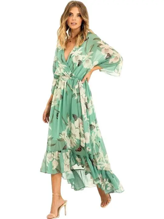 YUMI Dip Hem Kimono Sleeve Dress - Mint