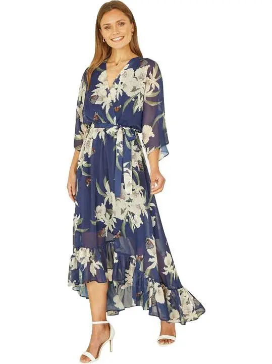 YUMI Dip Hem Kimono Sleeve Dress - Navy