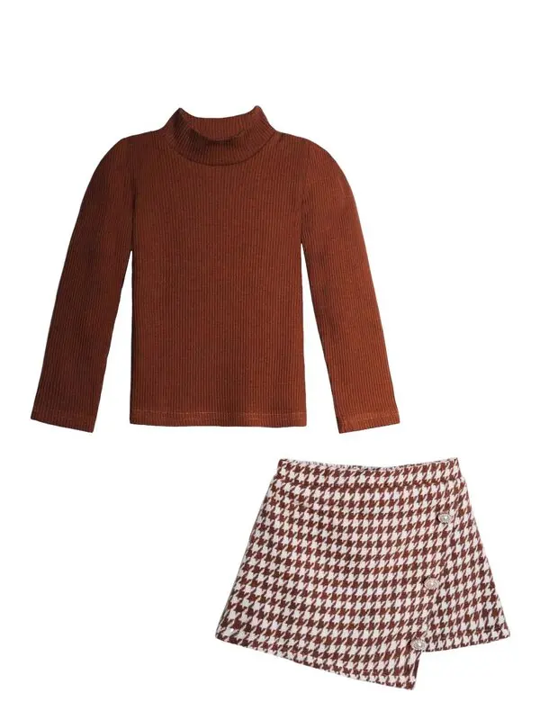 MIA BELLE GIRLS Girls' Turtleneck Top And Houndstooth Skort Set - Brown