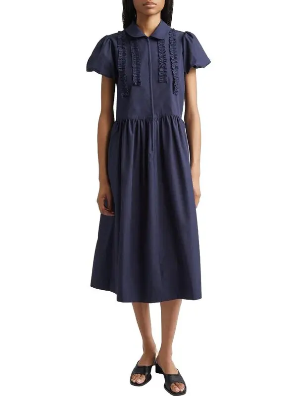 Sandy Liang Ruffle Cotton Poplin Midi Dress - Navy