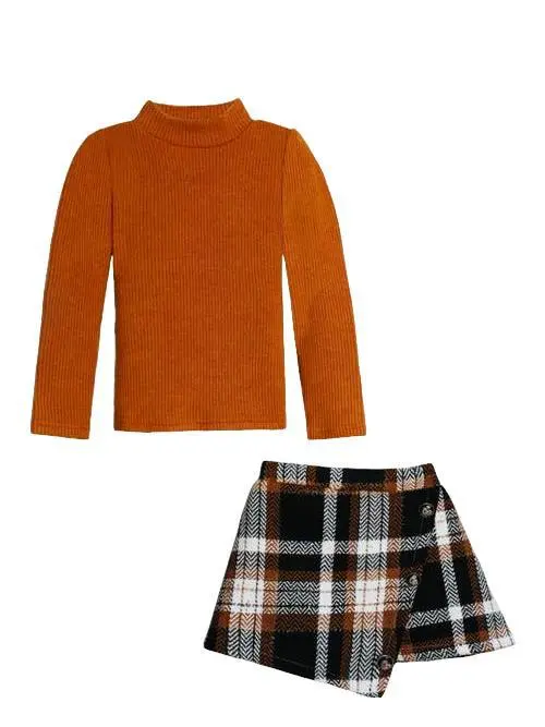 MIA BELLE GIRLS Turtleneck Top And Plaid Skort Set - Brown