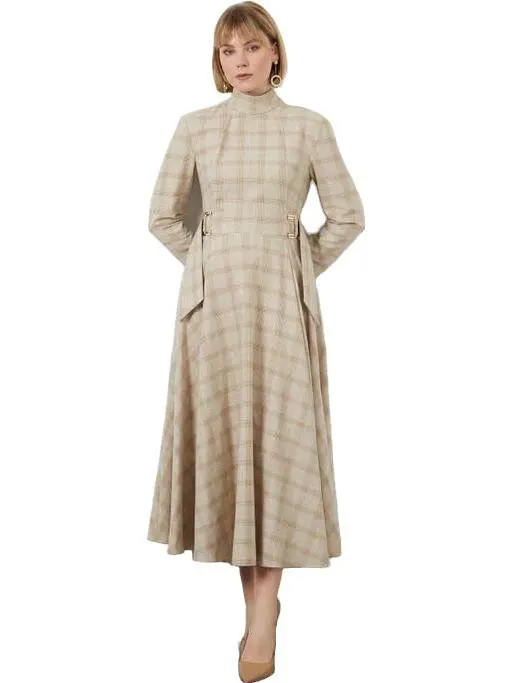 GIZIA High Collar Buckle Belt Detail Midi Dress - Beige