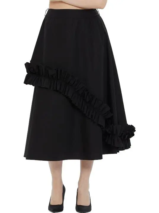 GIZIA Asymmetric Ruffle Detail Midi Skirt - Black