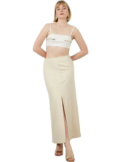 GIZIA Striped Long Skirt With Slit - Beige