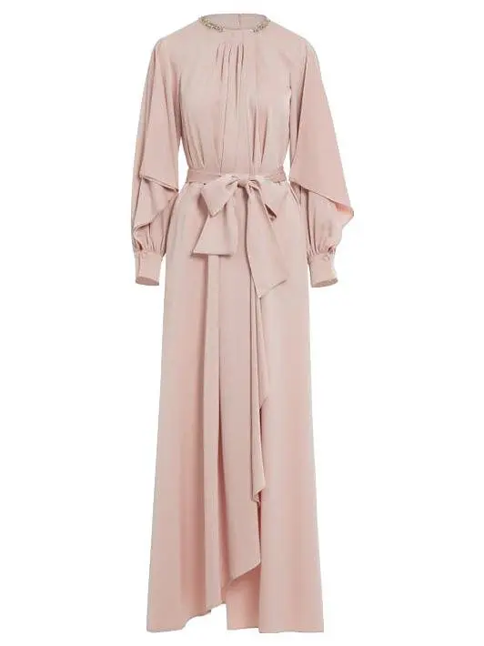 GIZIA Front Pleated Detail Slit Sleeve Long Dress - Pink