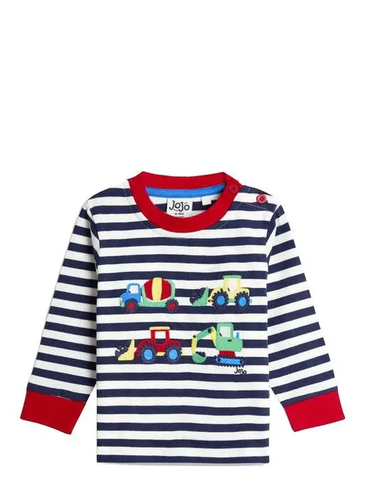 JOJO MAMAN BEBE Construction Vehicle Embroidered Long Sleeve Shirt - Navy Ecru Stripe