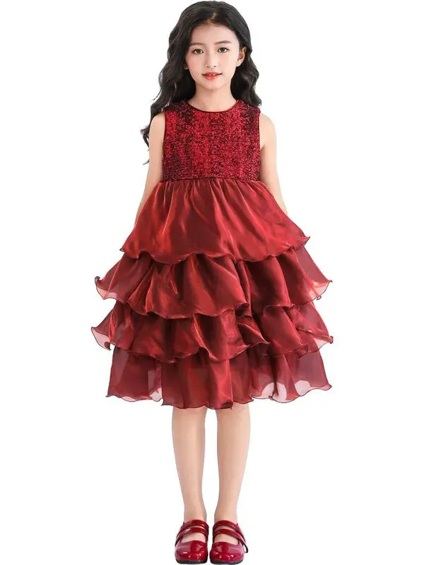 TULLEEN Sequin Bodice Organza Tiered Dress - Red