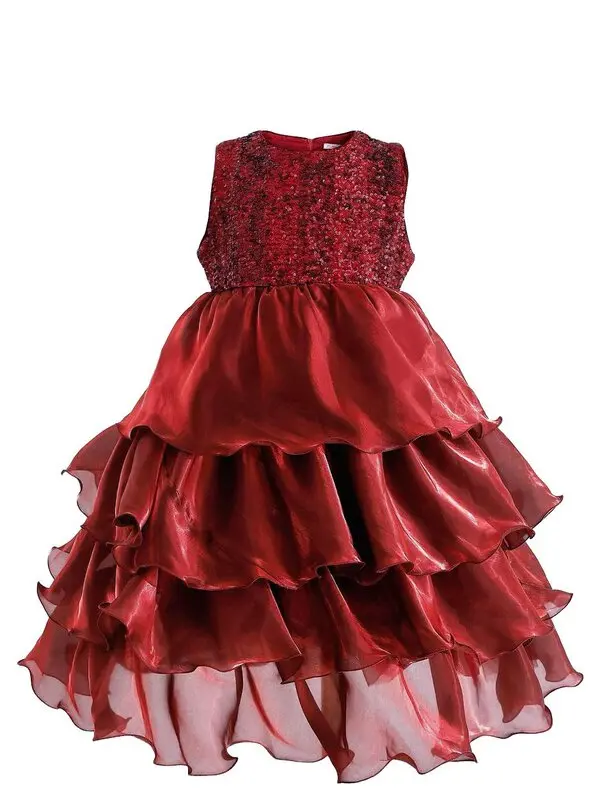 TULLEEN Sequin Bodice Organza Tiered Dress - Red