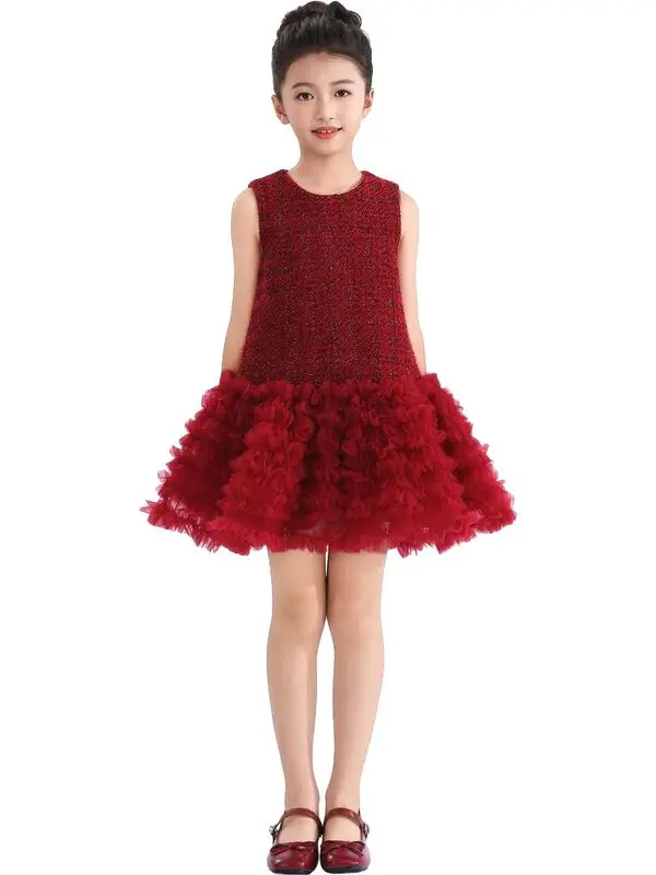 TULLEEN Tweed & Tulle Ruffle Dress - Red
