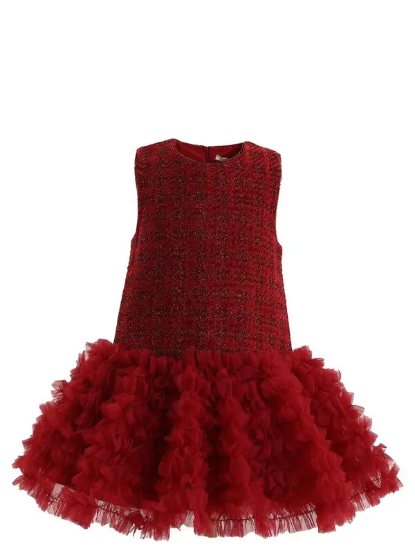 TULLEEN Tweed & Tulle Ruffle Dress - Red