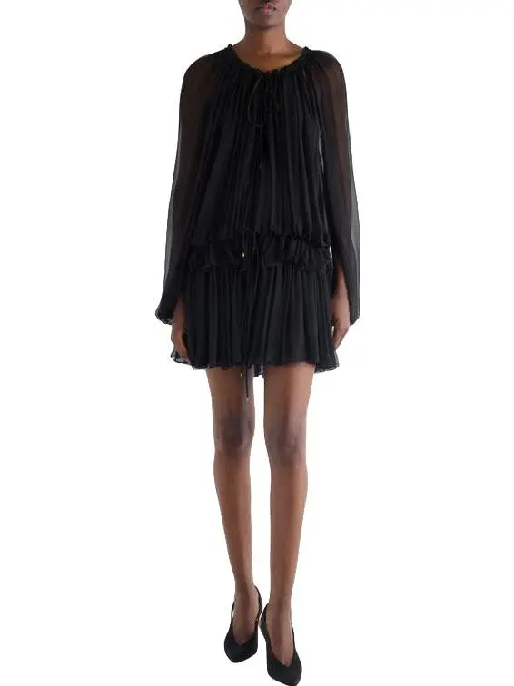 Chloé Long Sleeve Organic Silk Muslin Cape Minidress - Black
